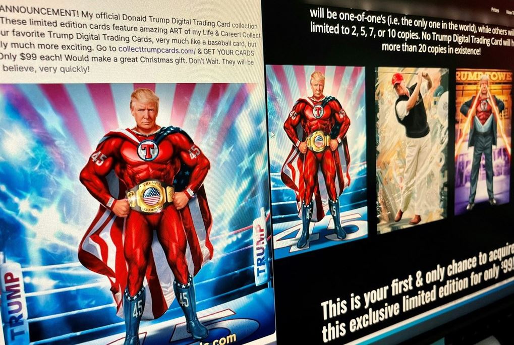 Oud-president Donald Trump verkoopt plaatjes van zichzelf als superheld